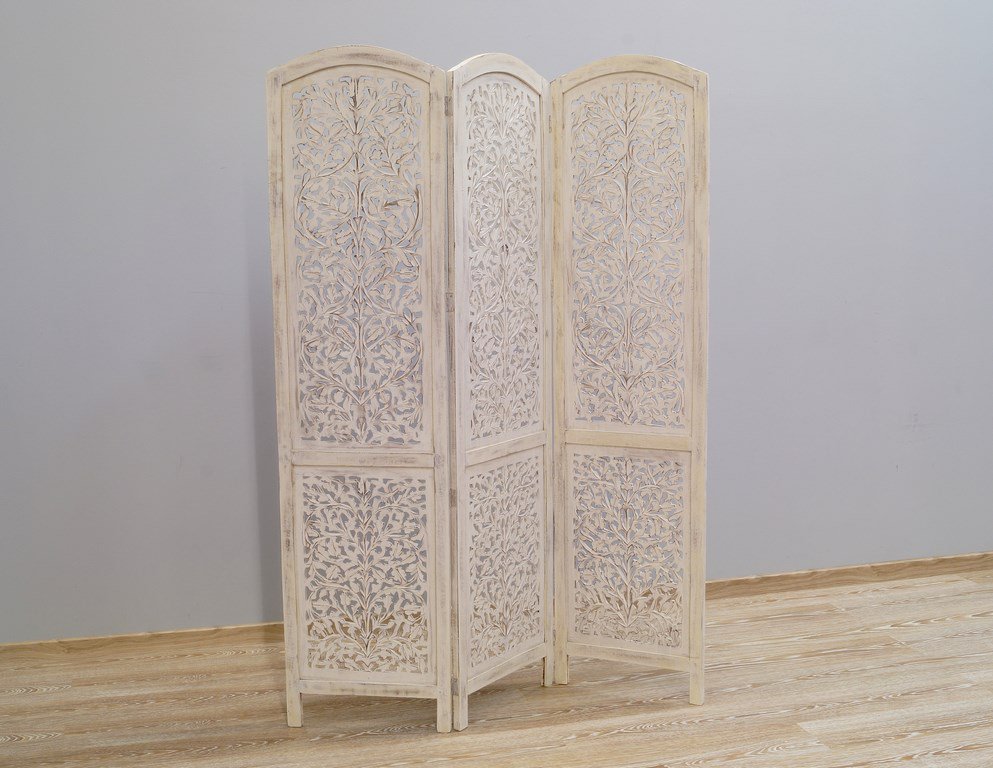 Parawan indyjski ażurowy biały 3-skrzydłowy przecierany ręcznie ...